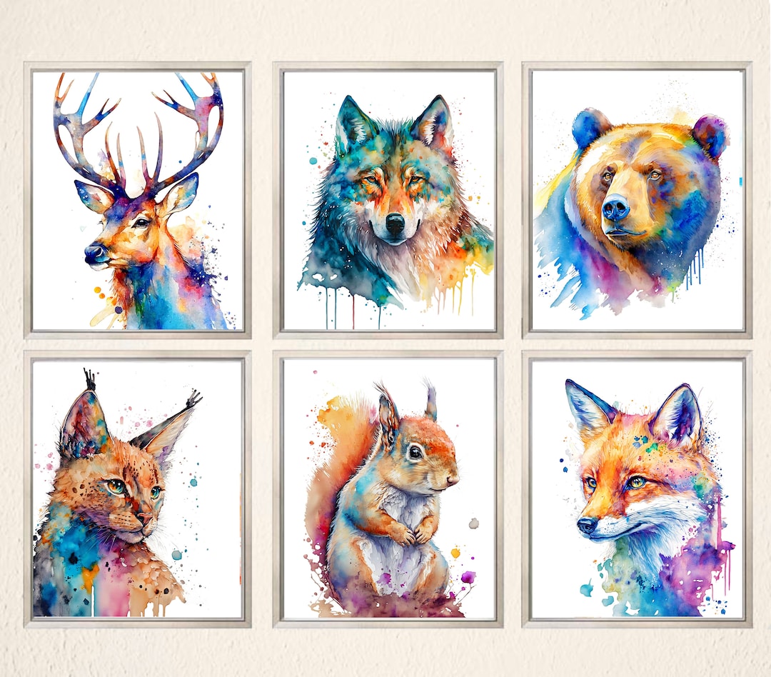 Set of 6 Woodland Animals Watercolor PRINTABLE ART Fox Wolf Bear Animal ...