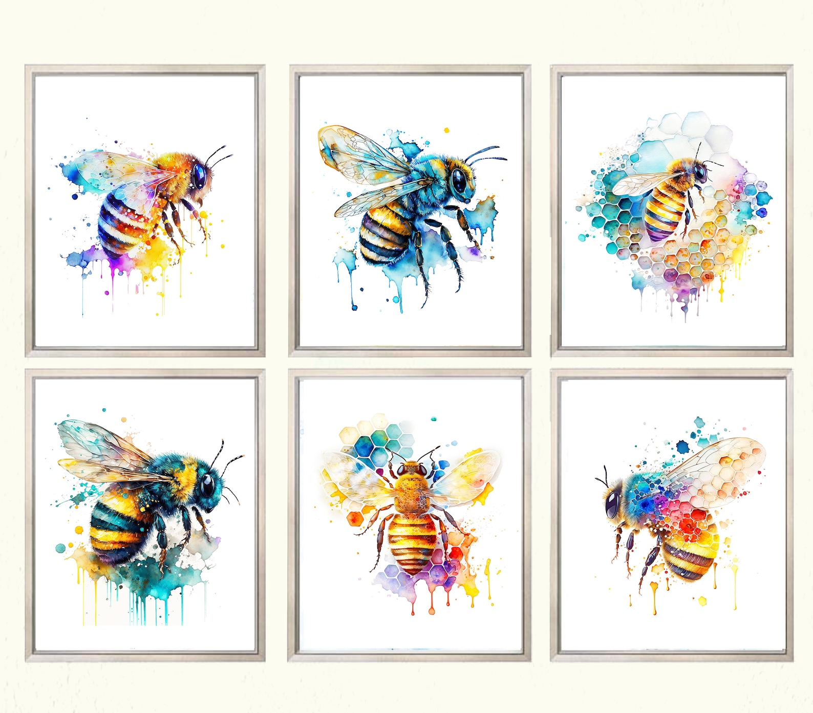 Set of 6 Bees Watercolor PRINTABLE ART Bee Print Bumblebee Honeybee ...