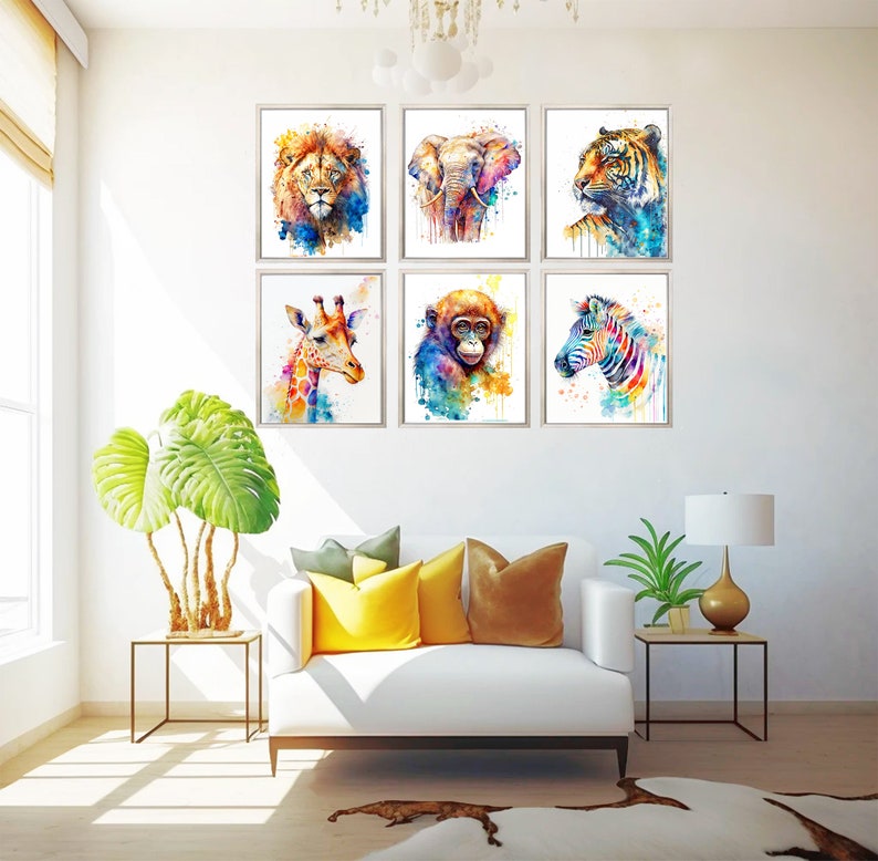 Set of 6 Safari Animals Watercolor PRINTABLE ART Giraffe Print Animal ...