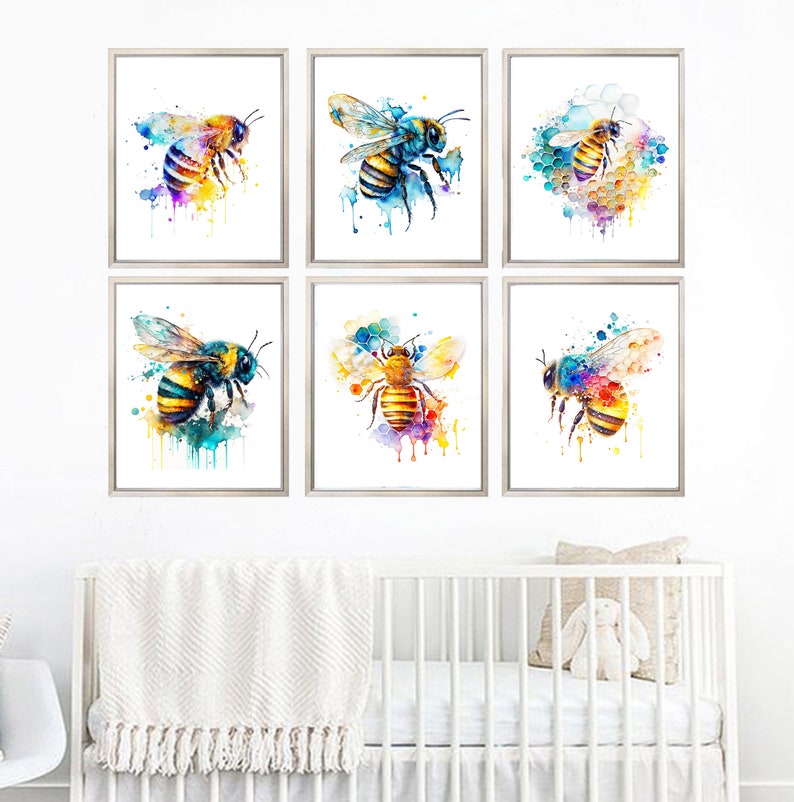 Set of 6 Bees Watercolor PRINTABLE ART Bee Print Bumblebee Honeybee ...