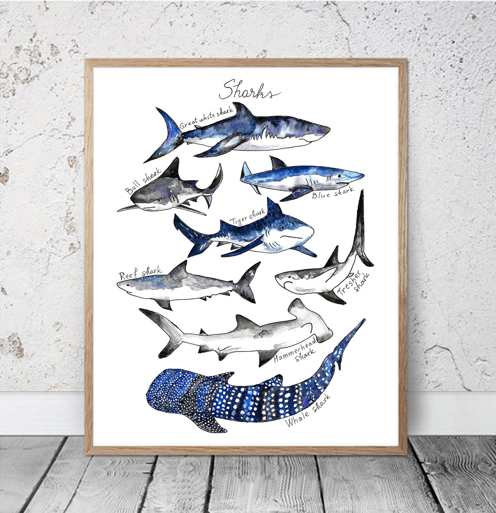 Watercolor Sharks PRINTABLE ART Nautical Decor Sharks Print Ocean Shark ...