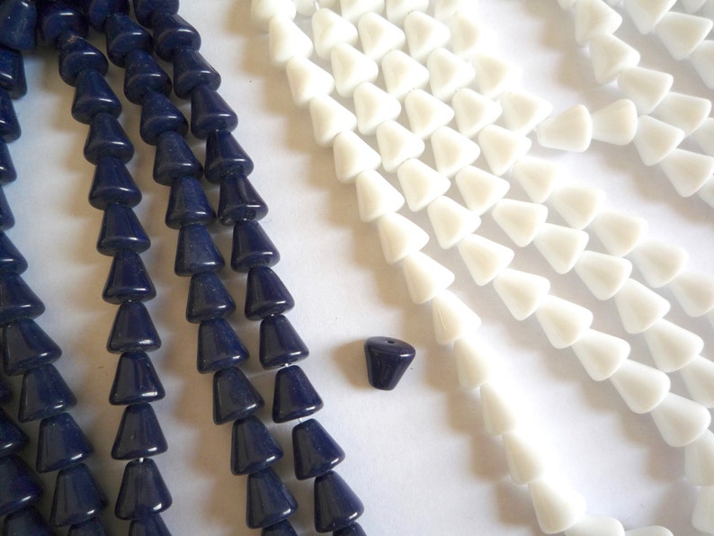 75 White or Navy Blue Cone Shaped Glass Beads, Small 8 Mm Opaque White ...