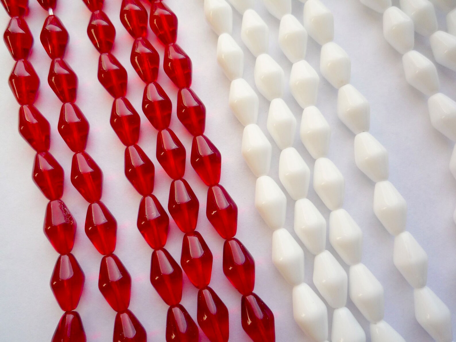 50 Long White or Red Bicone Glass Beads, 14 X 8 Mm Vintage Czech Beads ...