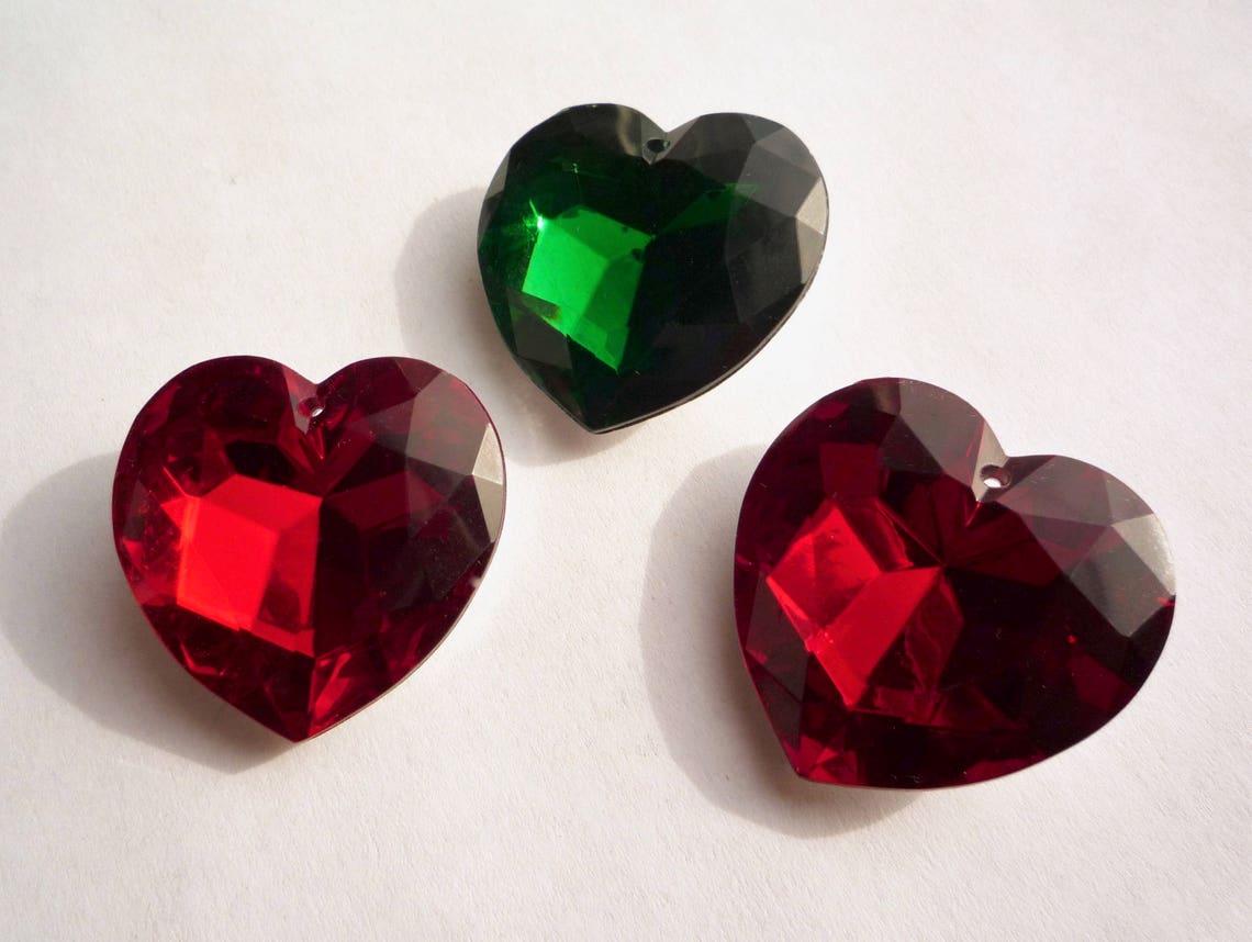 Large Acrylic Rhinestone Heart Beads, 5 Red or Green 35mm Hearts With ...