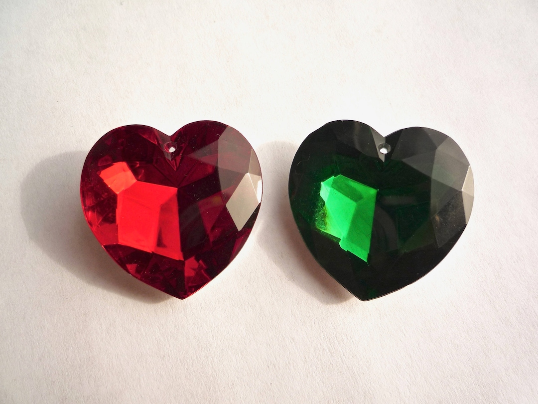 Large Acrylic Rhinestone Heart Beads, 5 Red or Green 35mm Hearts With ...