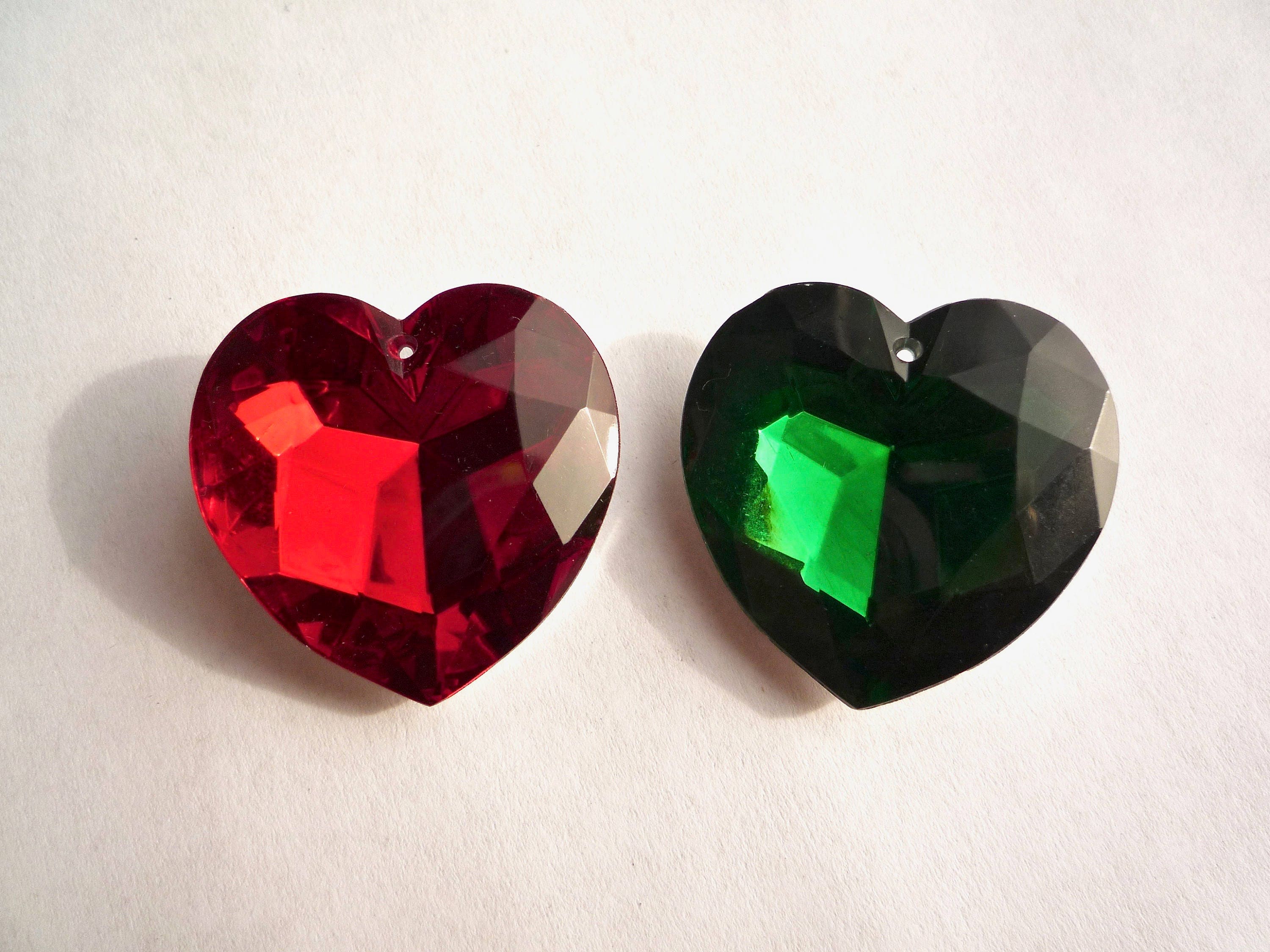 Large Acrylic Rhinestone Heart Beads, 5 Red or Green 35mm Hearts With ...