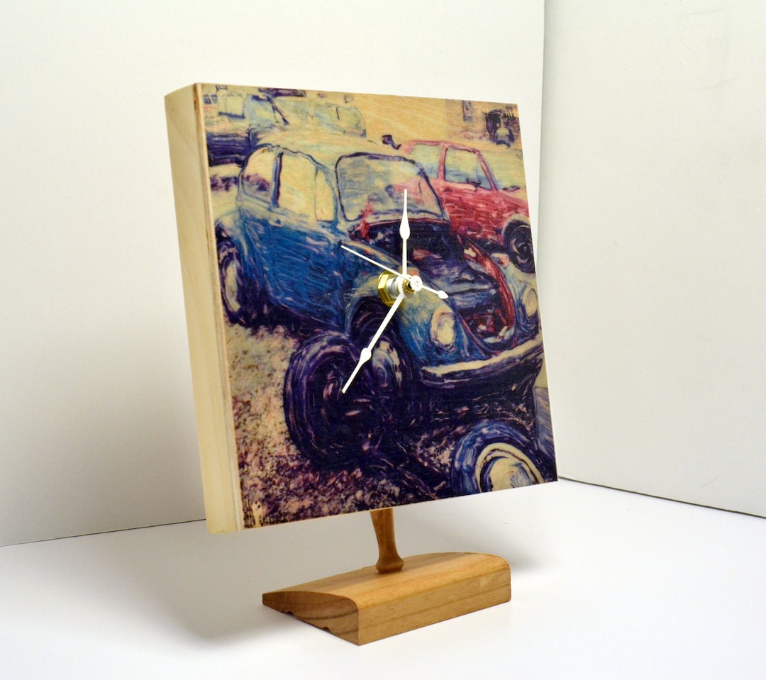 VINTAGE VOLKSWAGEN BEETLE Photo Clock on Wood With Handmade Stand for ...