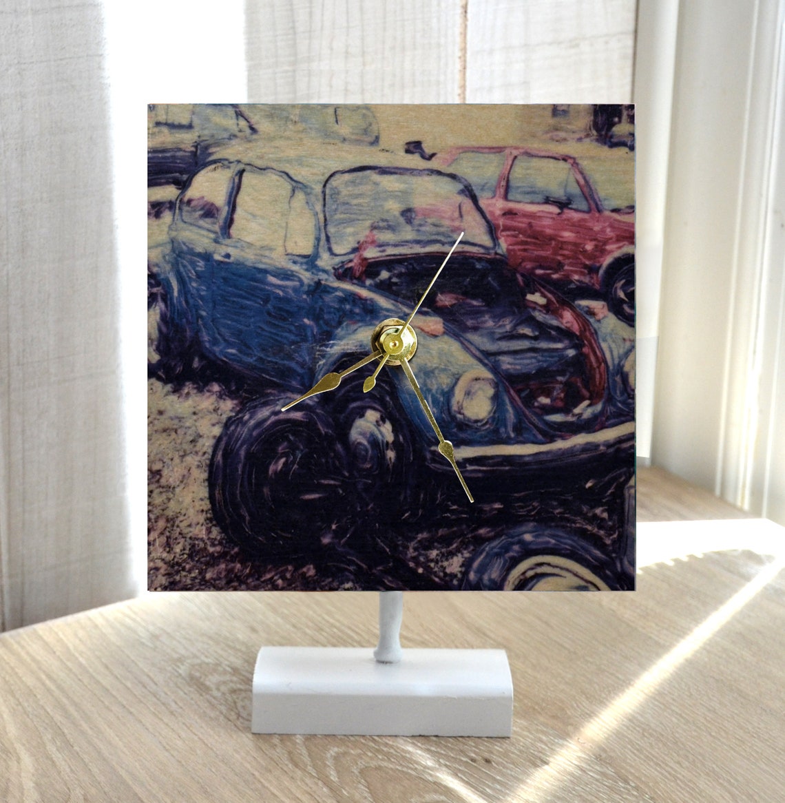 VINTAGE VOLKSWAGEN BEETLE Photo Clock on Wood With Handmade Stand for ...