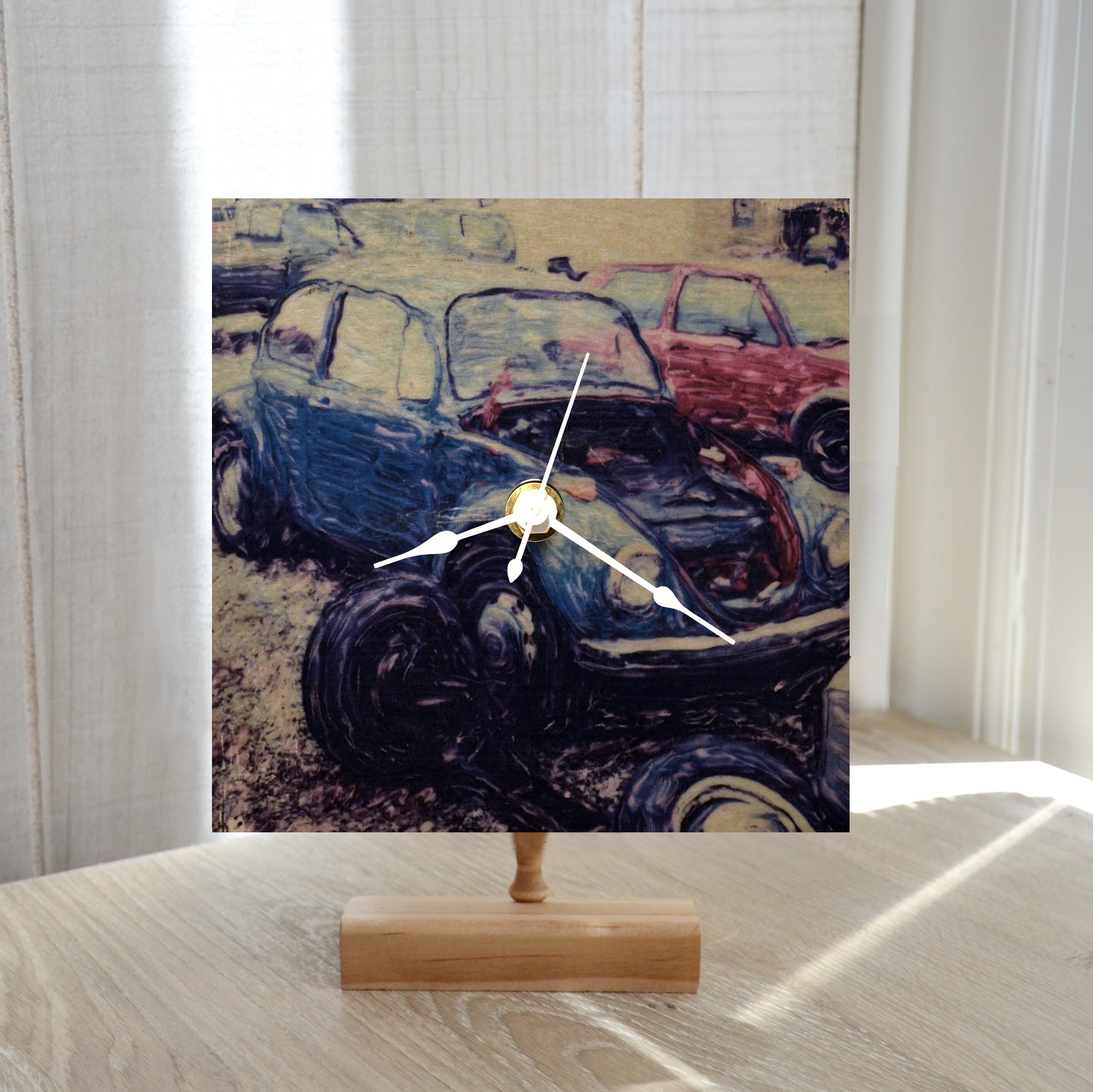 VINTAGE VOLKSWAGEN BEETLE Photo Clock on Wood With Handmade Stand for ...