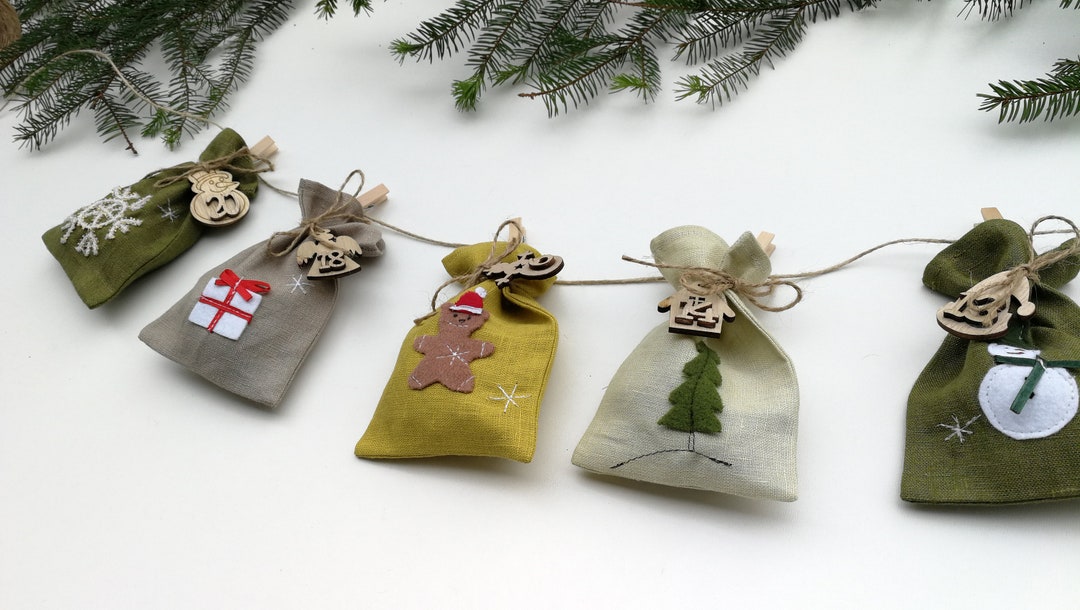 Handmade Linen Advent Calendar – Rustic Holiday Garland, 24 Favor Bags ...