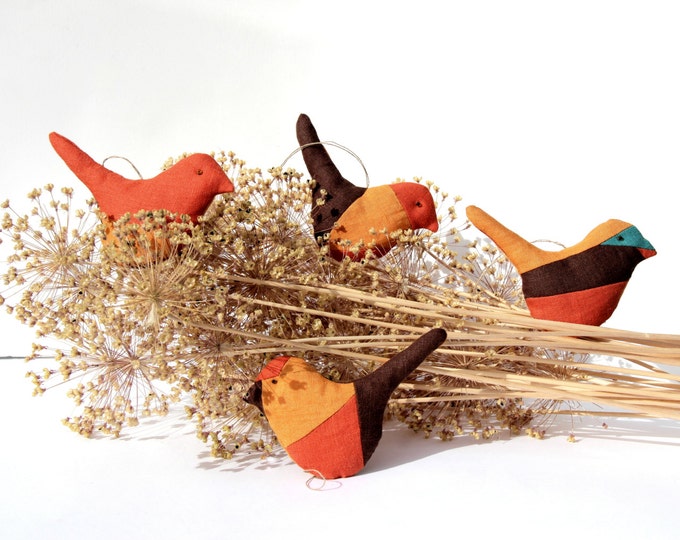 Set of 4/ Pair of Linen Birds: Stuffed Fabric Ornaments - Soft ...