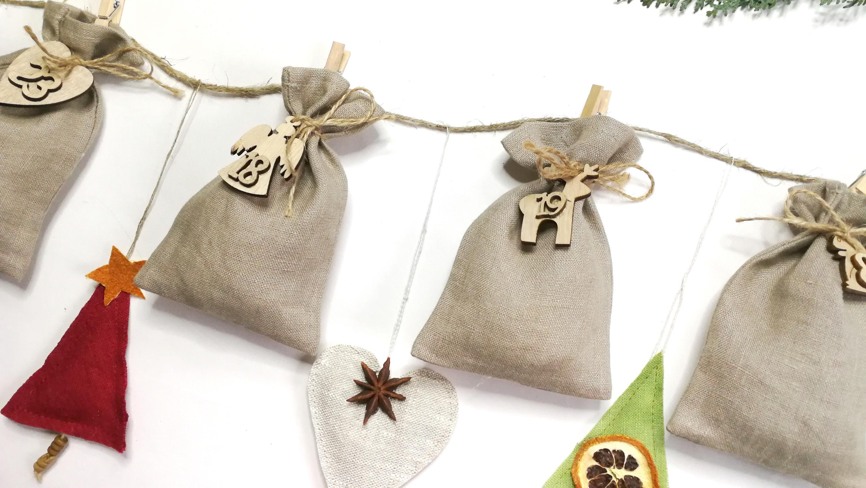 Handmade Linen Advent Calendar – Rustic Christmas Garland With Wooden ...