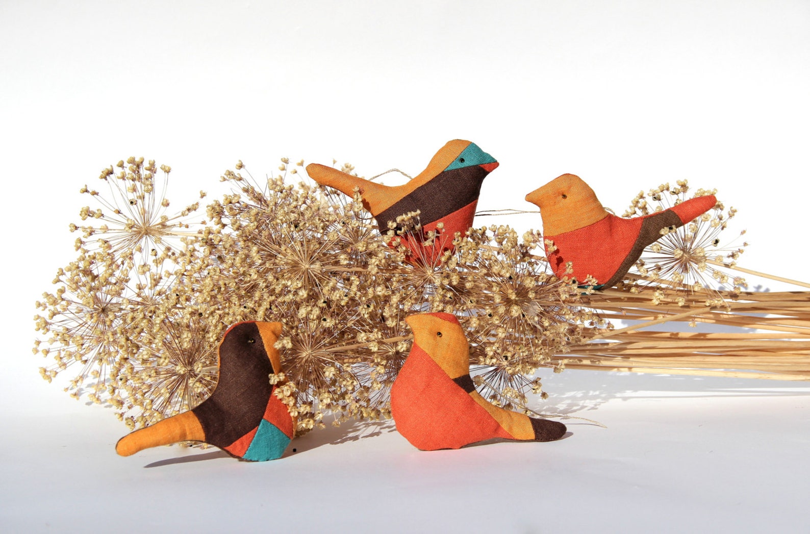 Set of 4/ Pair of Linen Birds: Stuffed Fabric Ornaments Soft - Etsy