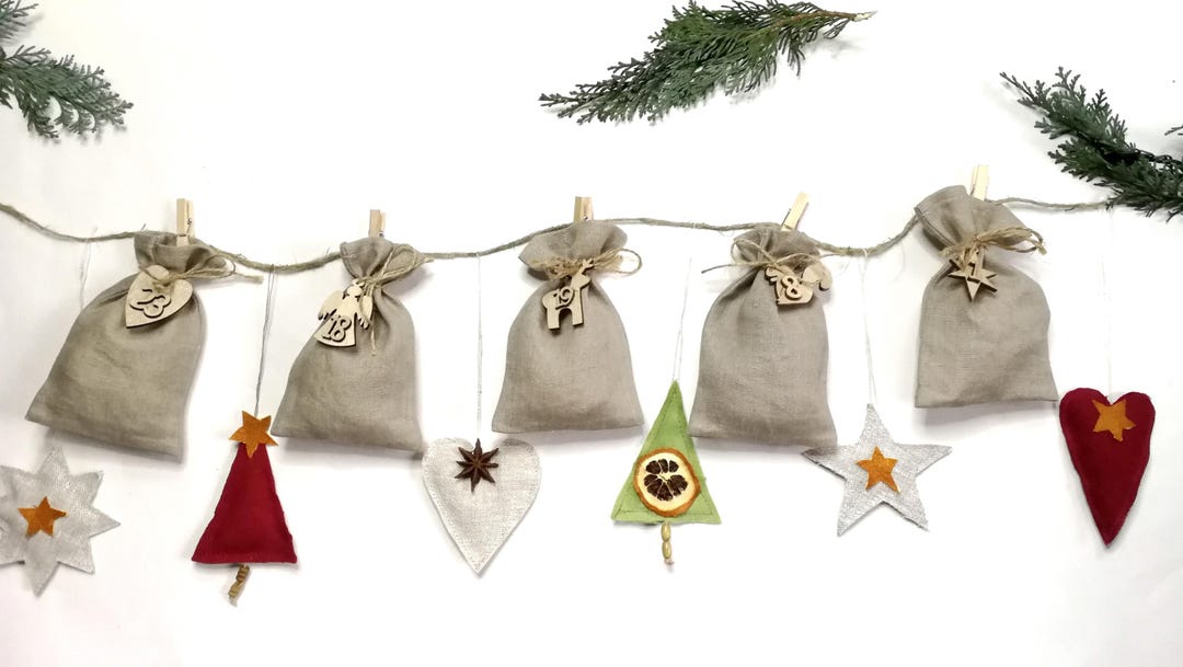 Linen Advent Calendar- Merry Christmas Favor Bags - New Years Gift ...