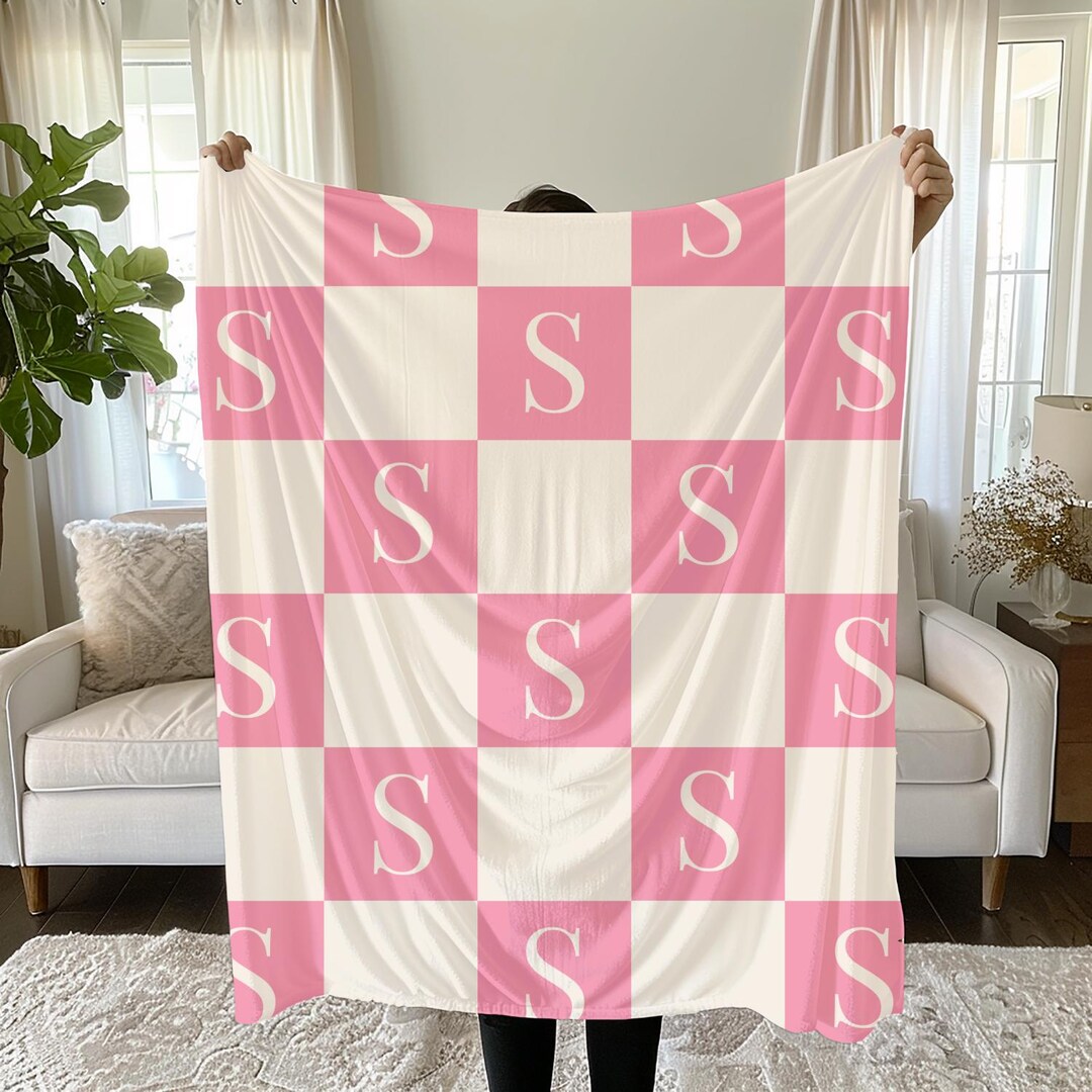 Custom Pink Cream Checkered Initial Blanket, Luxury Style Velveteen ...