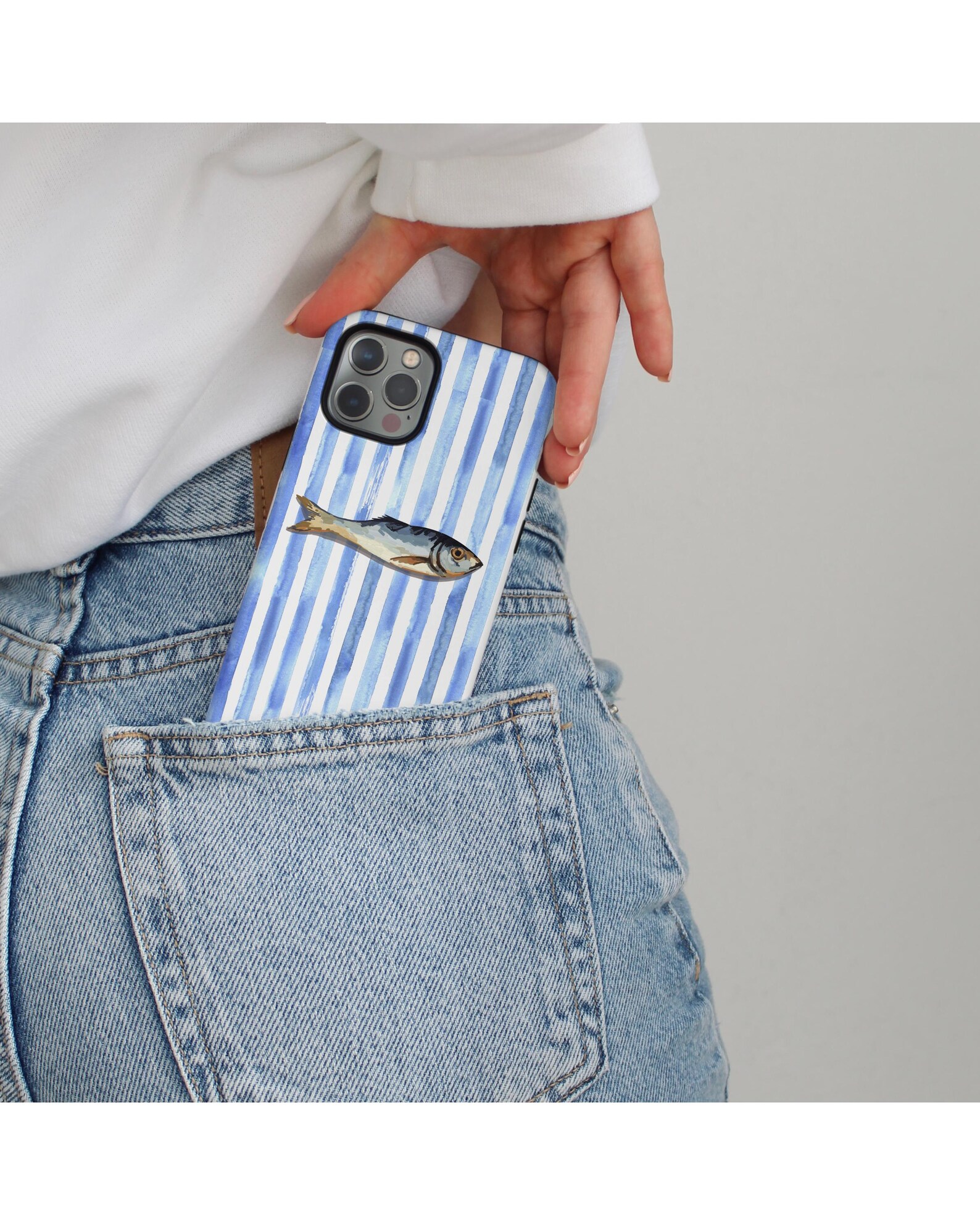 Watercolor Blue Striped Fish iPhone Case, Tough Protective Case ...