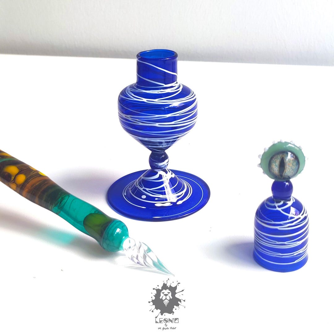 Glass İnkwell , Calligraphy Pen, İnk Holder, Blue and White Ink Bottle ...