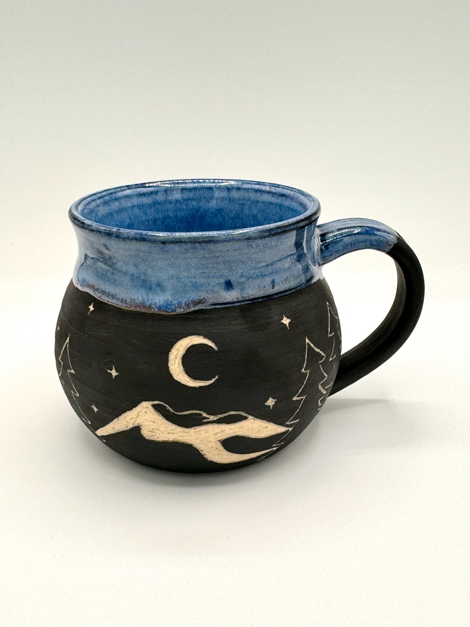 Handmade Pottery Art Mug Moon Mountain Coffee Cup "rainier Nights" Size Medium Black Sgraffito ...