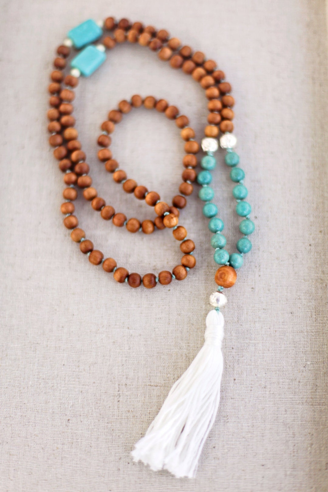 Sandalwood and Turquoise Mala Necklace With White Tassel - Etsy