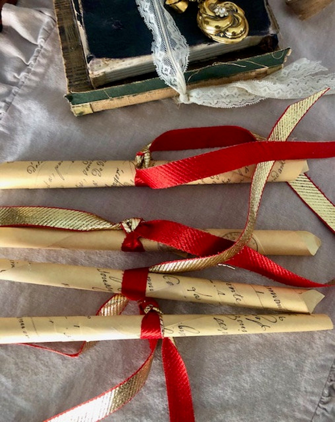 French Script Papers/red/gold Ribbon/christmas Decor/bowl Fillers/table ...