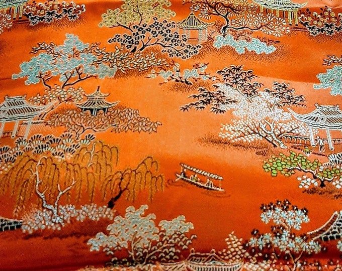 Beautiful Asian Print Fabric, Red Orange Silky Fabric With Black and ...