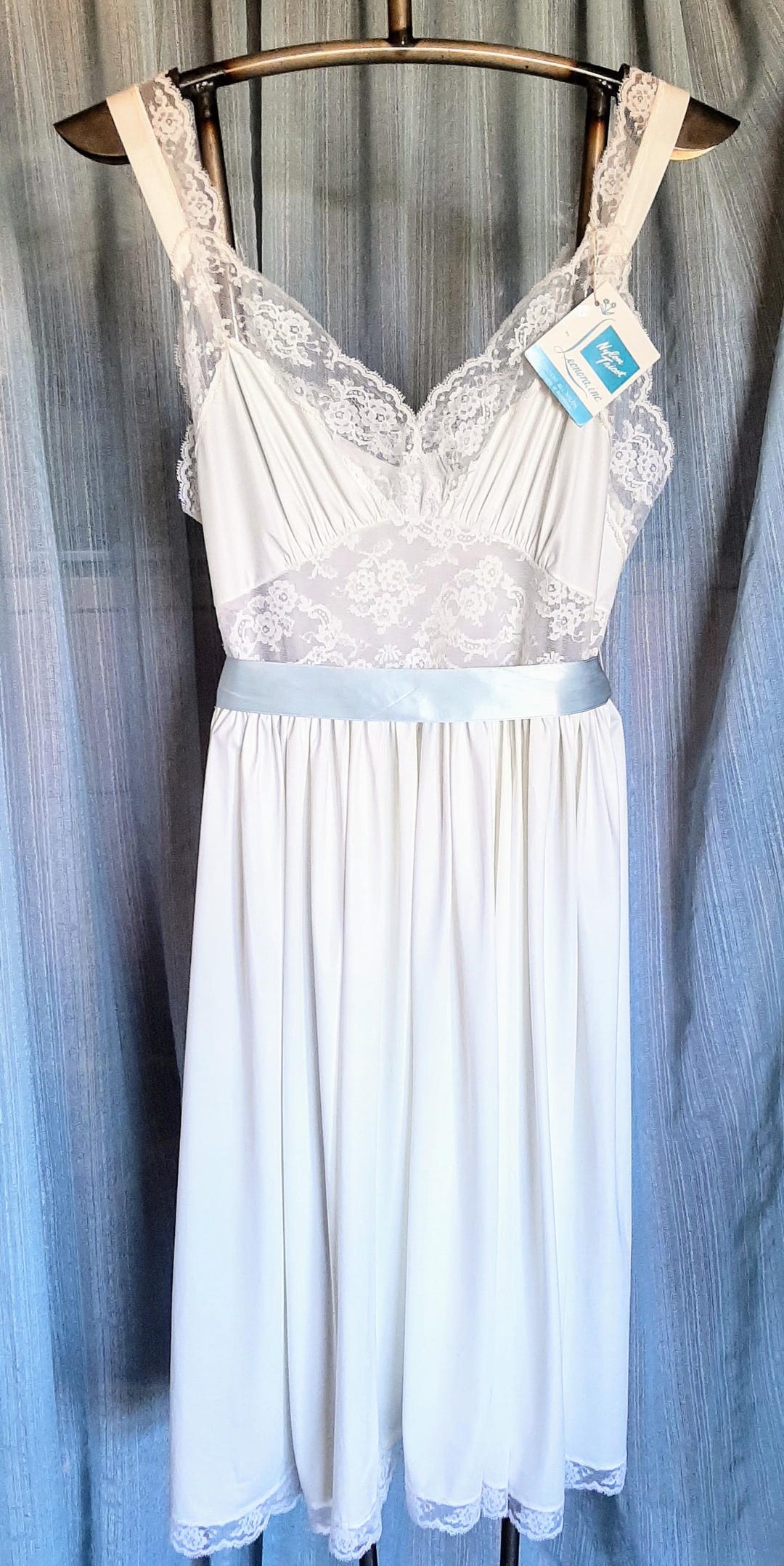 Leonard Nylon Tricot off White Lacy Nightgown With Blue Ribbon Sash and ...