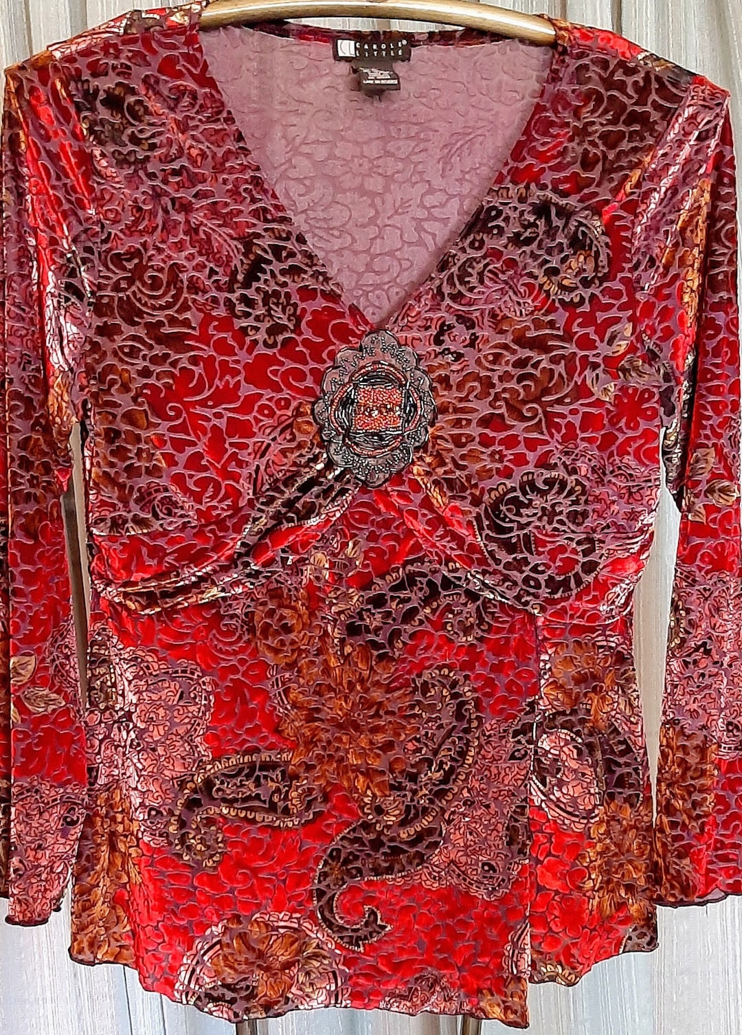 Leslie Fay Long Sleeved Vee Neck Faux Velvet Textured Top With Beaded ...