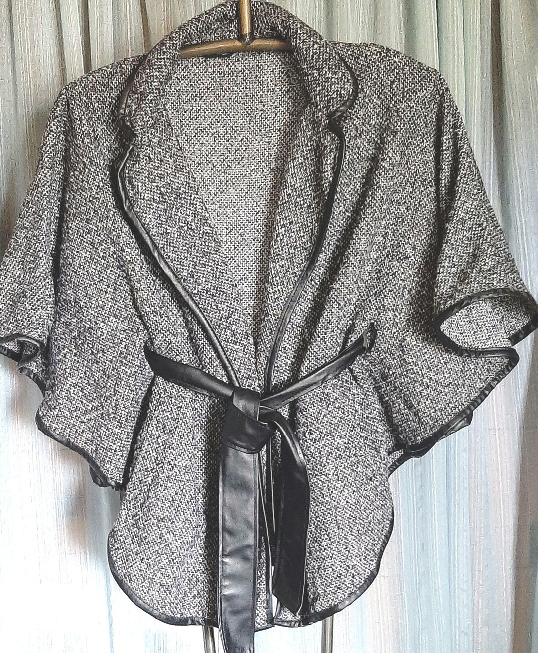 Black and Gray Tweed Last Kiss Poncho Jacket With Sashed Faux Leather ...