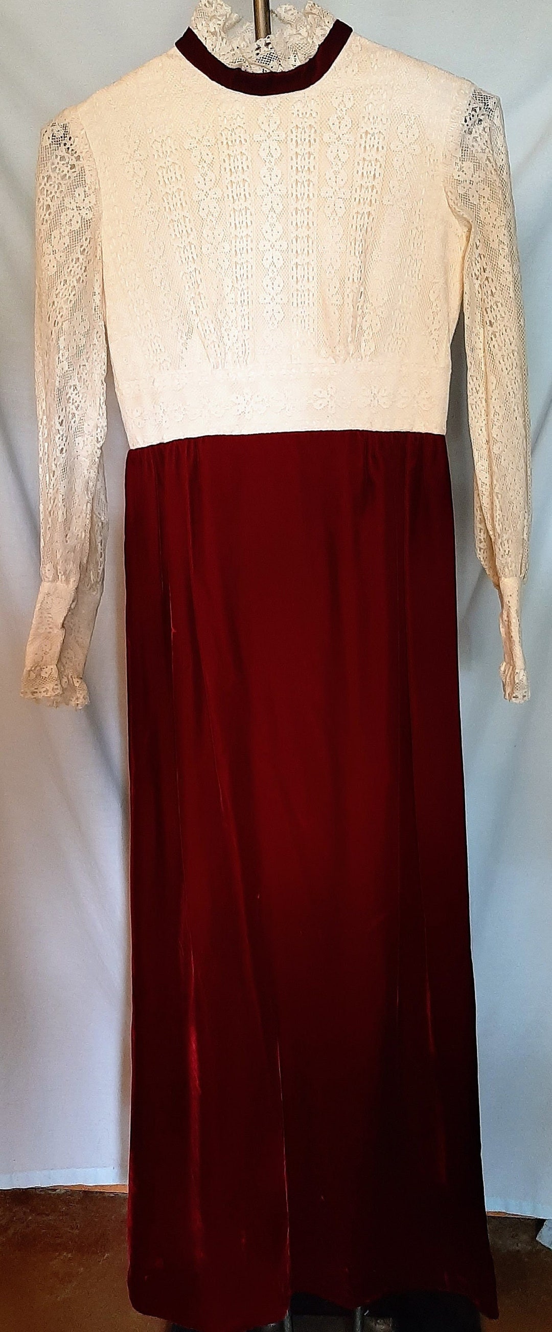 60s-70s Classic Lace Bodice, Empire Waist and Velvety Burgundy Red Ling ...
