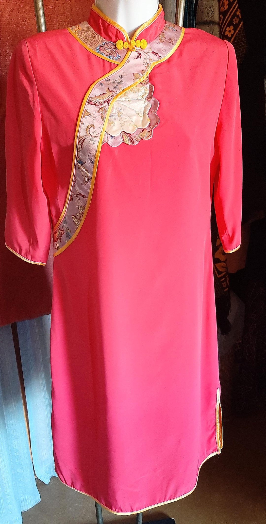 Coral Pink Silky Asian Dress With Side Slits, Decorative Neck and ...