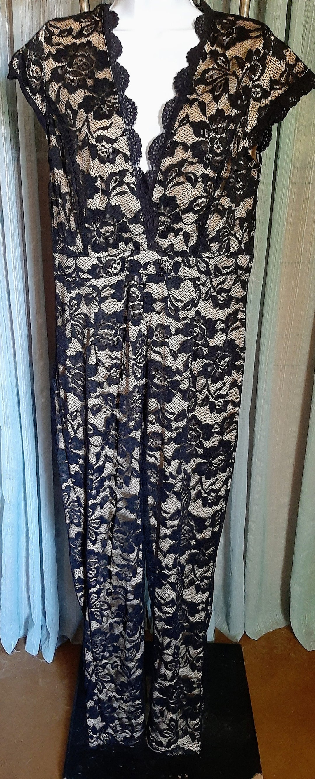 Black One Piece Lace Body Suit With Skin Tone Liner, Low Vee Neck ...