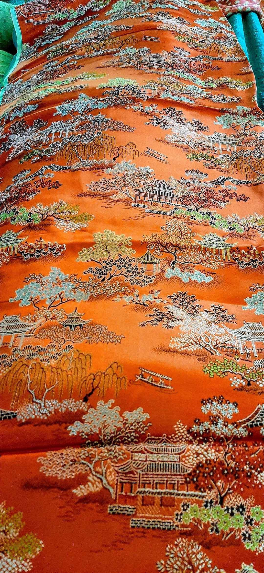 Beautiful Asian Print Fabric, Red Orange Silky Fabric With Black and ...