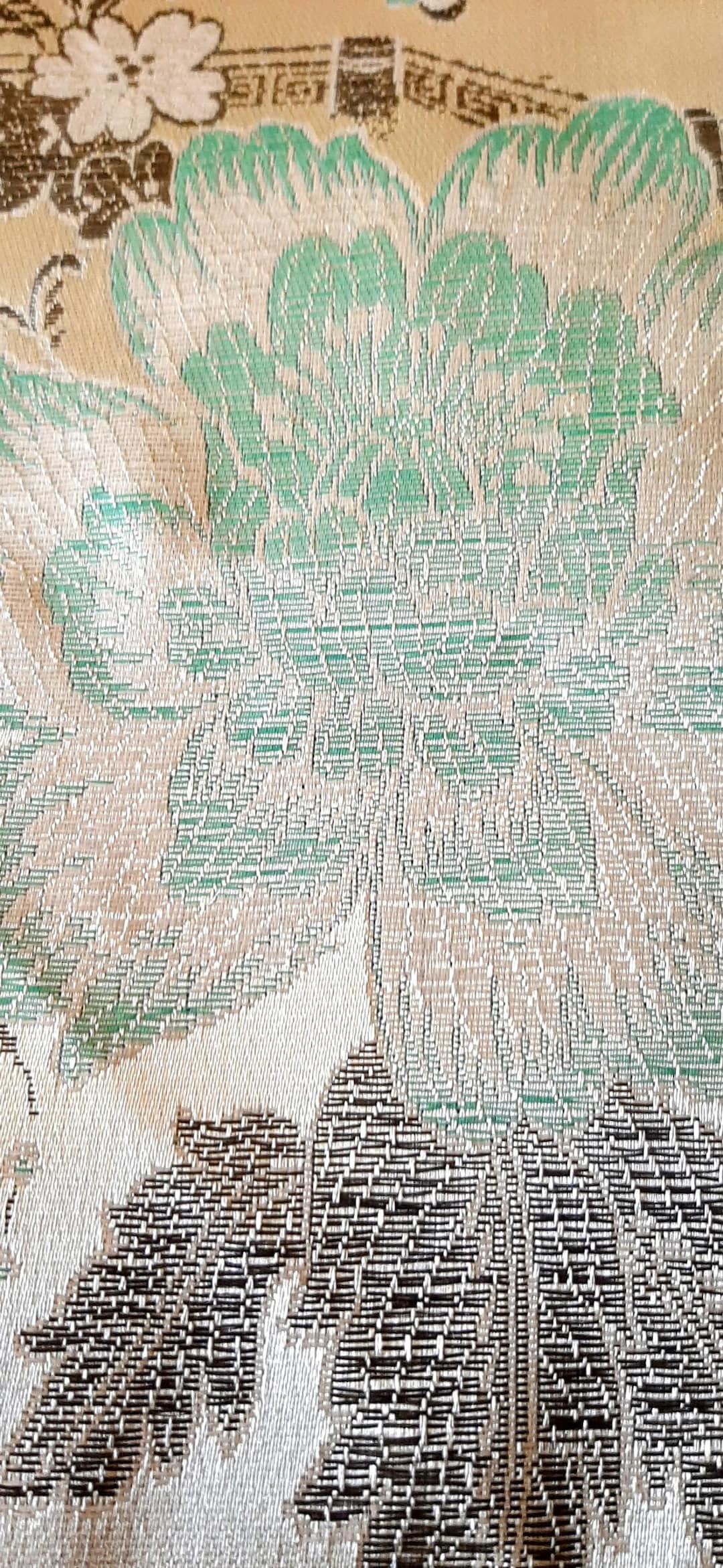 Very Pretty Light Gold Fabric Embellished With Flowers and Asian Scenes ...