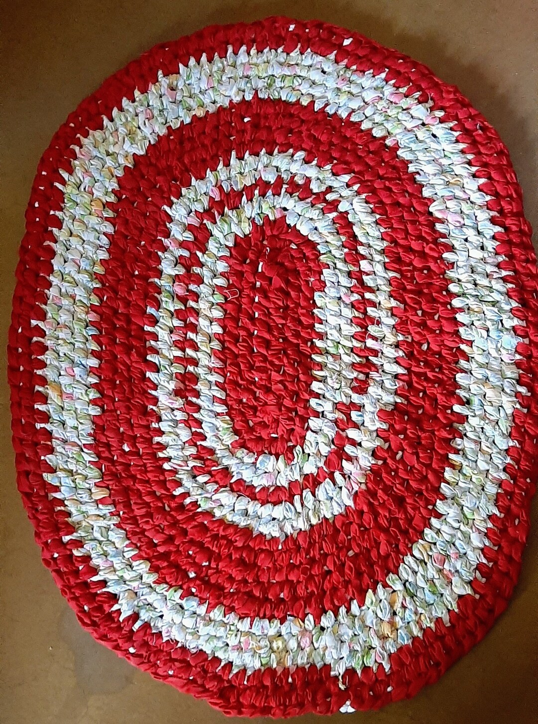 Small Oval Red and Floral Crocheted Cotton Stripped Rag Rug Never Used ...