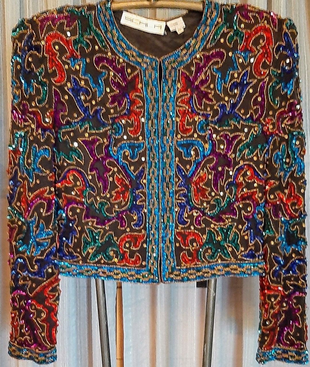 100% Silk Black Scala Jacket Adorned Jewel Colored Sequins With Vivid ...