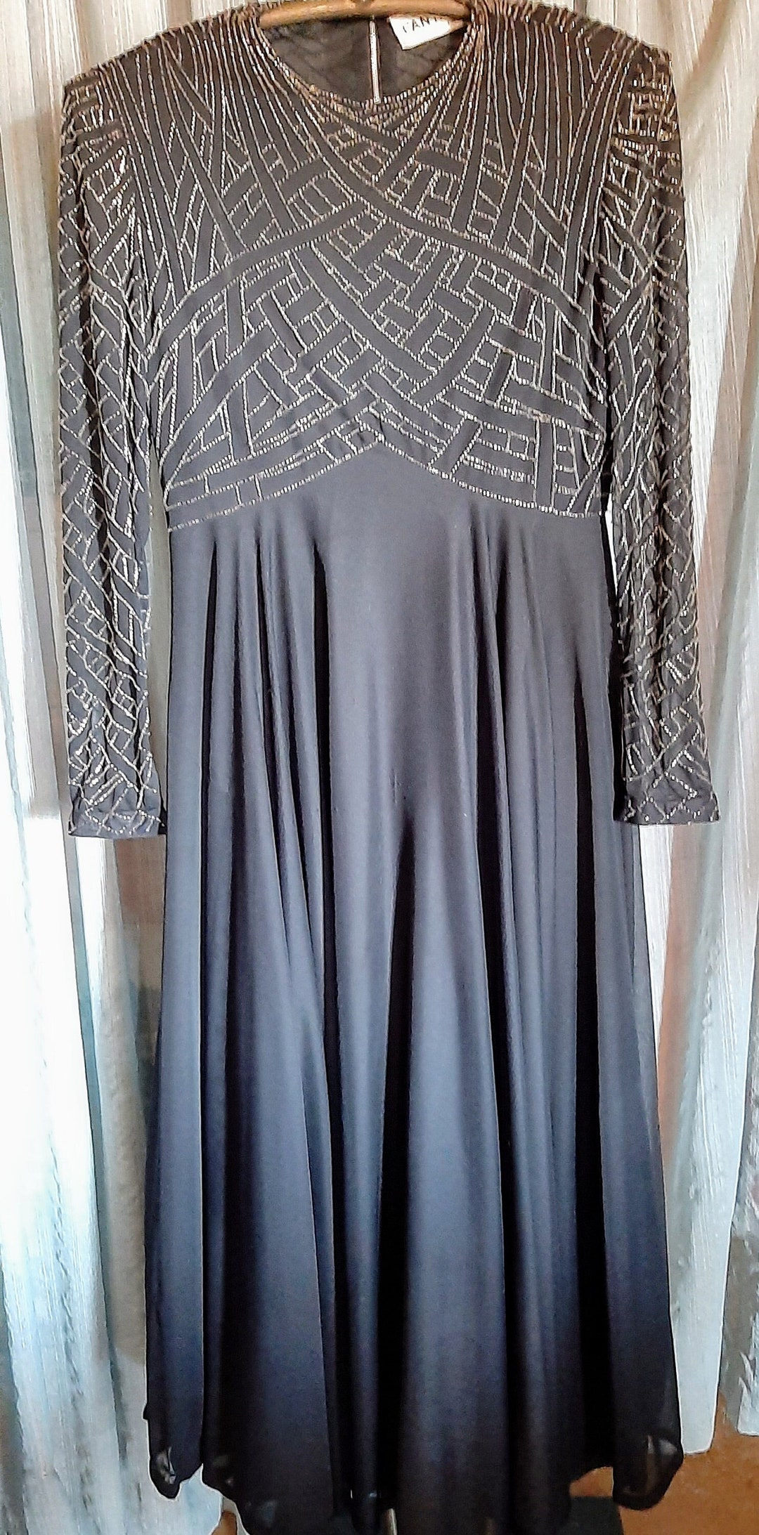 Fantasia Phoenix Long Black Dress With Beaded Bodice and Sleeves, Full ...