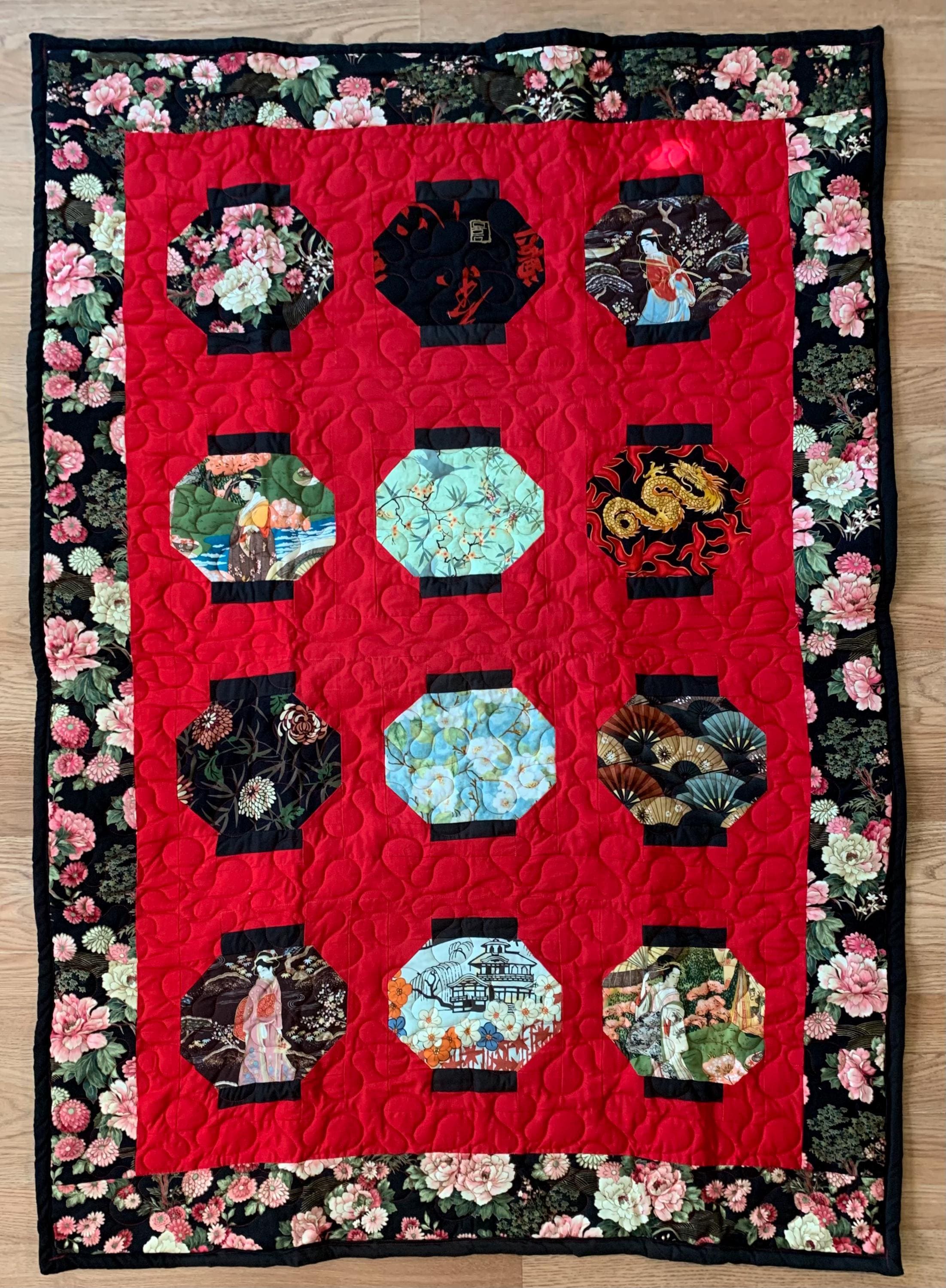Handmade Chinese Lanterns Quilt, Quilted Throw, Wall Decor, 38" X 56 ...