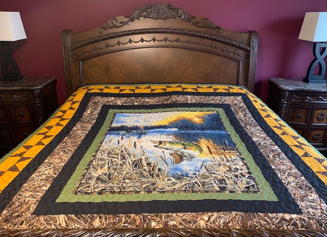 Handmade Bass Quilt, Fishing Quilt, Gifts for Him, Housewarming Gifts ...