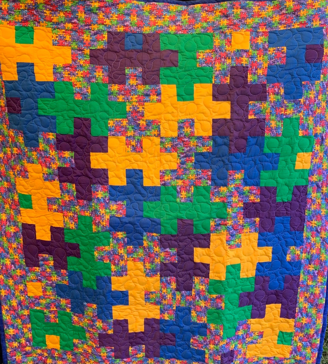Autism Quilt With Assorted Colors, Handmade Quilt, Puzzle Quilt, Unique ...