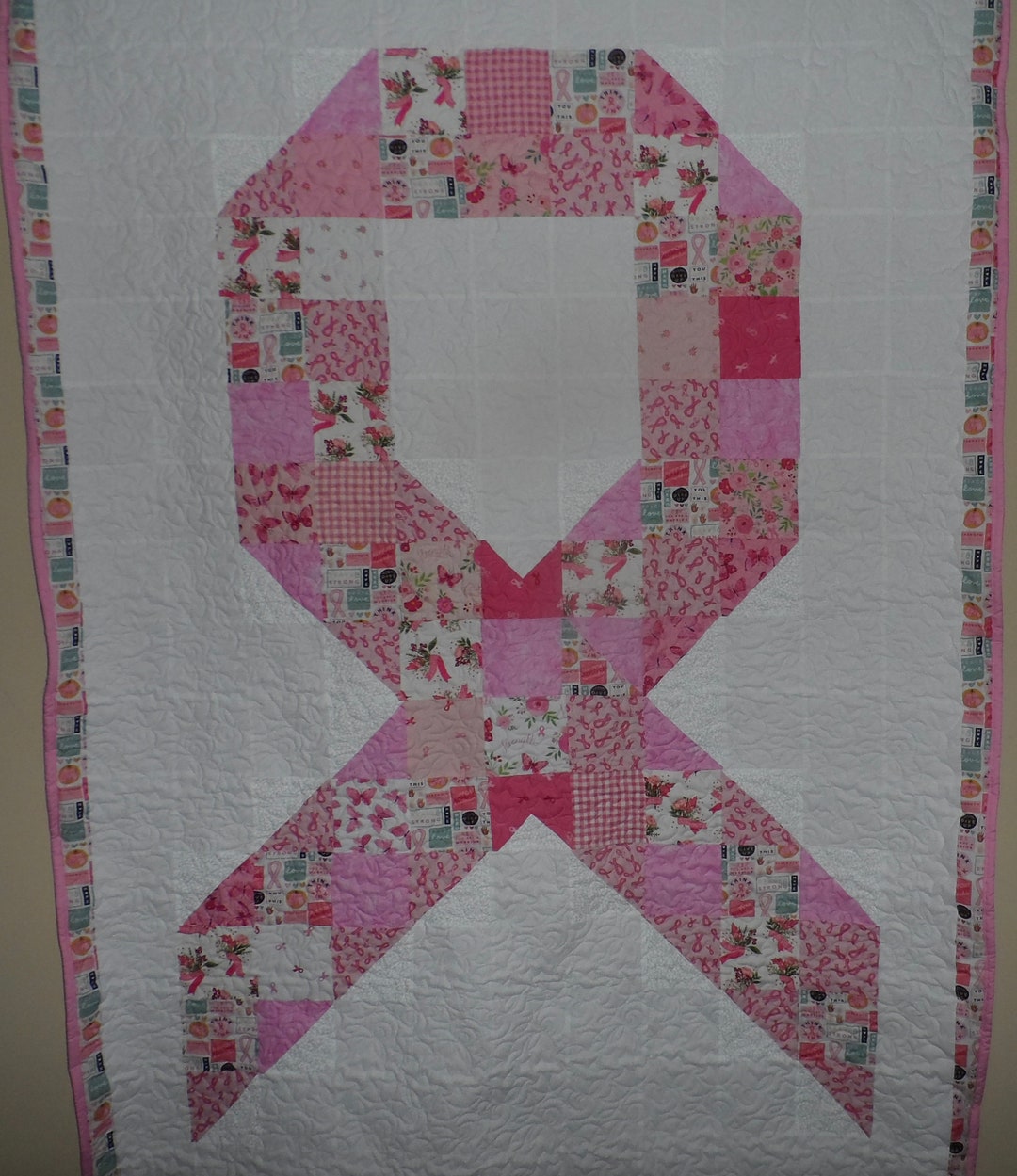 Breast Cancer Quilt, Handmade Quilt, Pink and White Quilt, 58" X 79 ...
