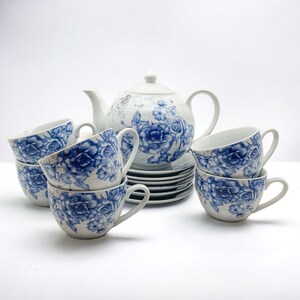 13 Piece Blue and White Tea Set Palermo Porto Blue Rose Tea Set 4 Cup ...