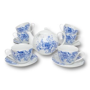 13 Piece Blue and White Tea Set Palermo Porto Blue Rose Tea Set 4 Cup ...