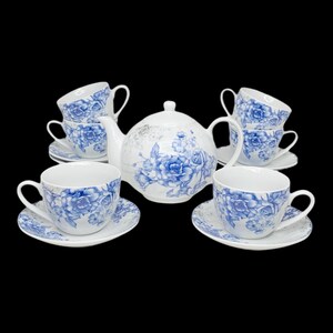 13 Piece Blue and White Tea Set Palermo Porto Blue Rose Tea Set 4 Cup ...