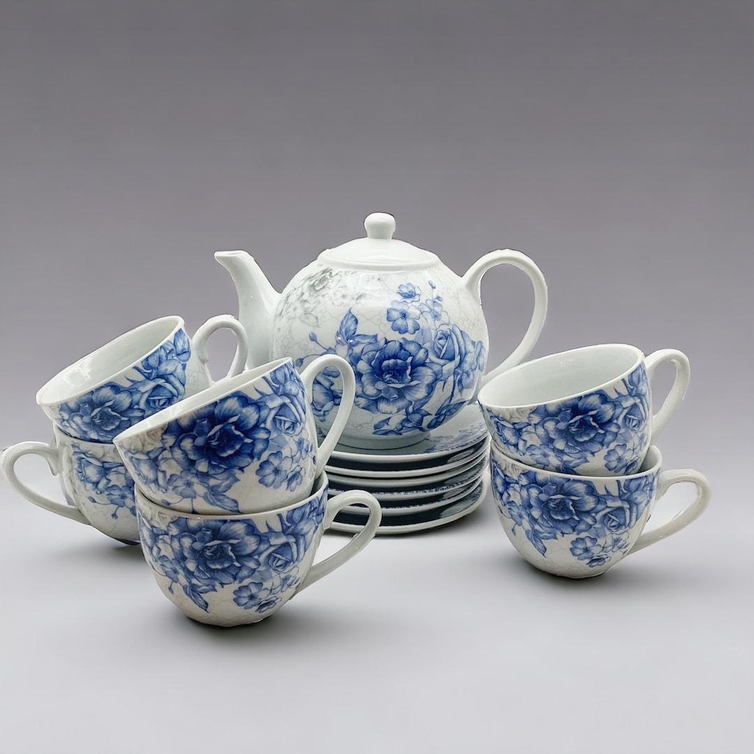 13 Piece Blue and White Tea Set Palermo Porto Blue Rose Tea Set 4 Cup ...