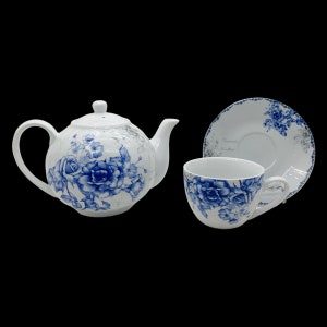 13 Piece Blue and White Tea Set Palermo Porto Blue Rose Tea Set 4 Cup ...