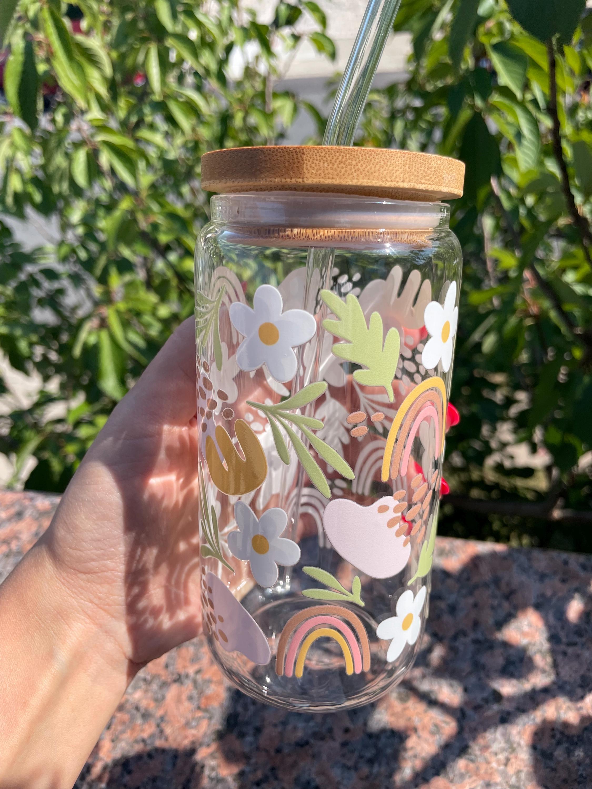 Rainbow and Flowers Design Glass Cup With Bamboo Lid and Glass Straw ...
