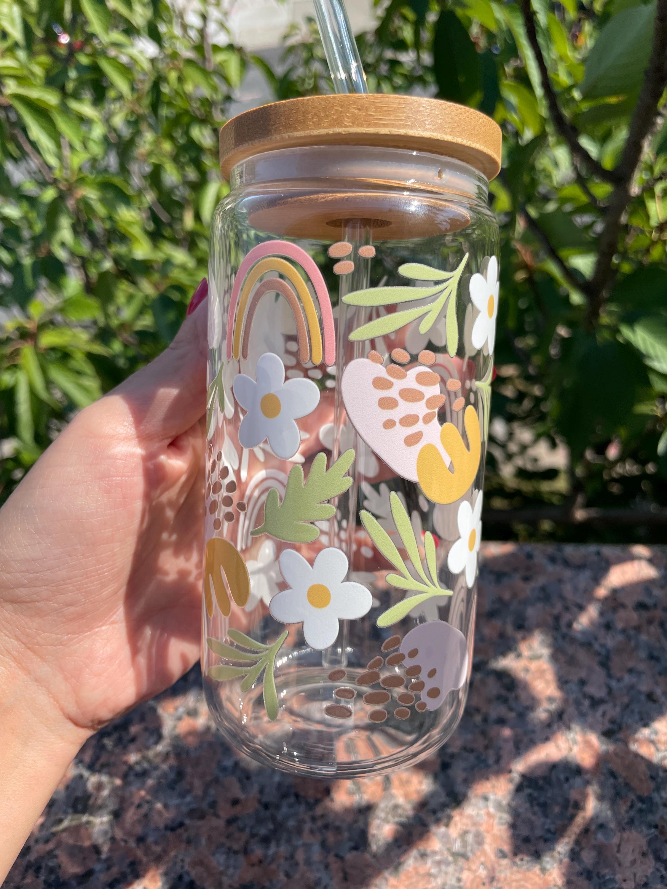 Rainbow and Flowers Design Glass Cup With Bamboo Lid and Glass Straw ...