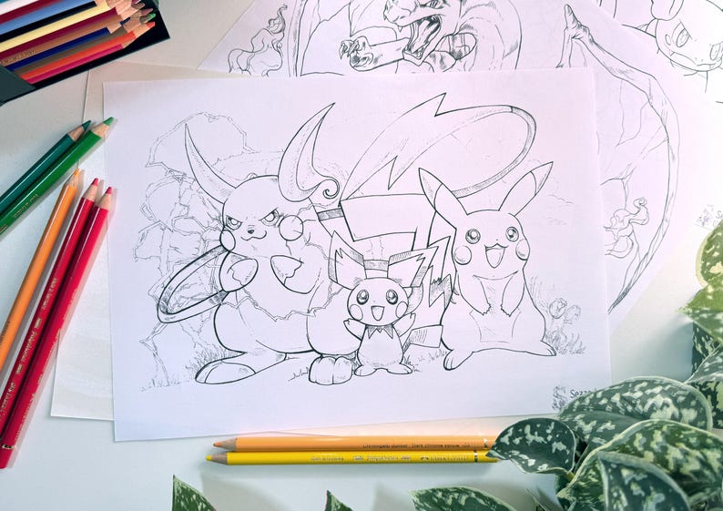Pika Family Coloring Page: Detailed Hand Drawn Line Art (instant ...