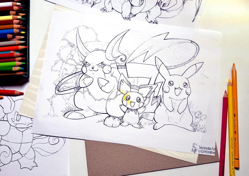 Pika Family Coloring Page: Detailed Hand Drawn Line Art (instant ...