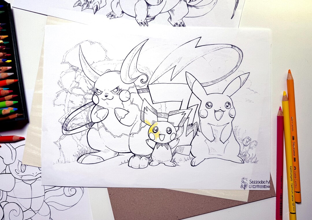 Pika Family Coloring Page: Detailed Hand Drawn Line Art (instant ...